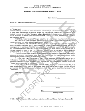 Fillable Online Oklahoma Manufactured Home Dealer Bond Form - Surety ...