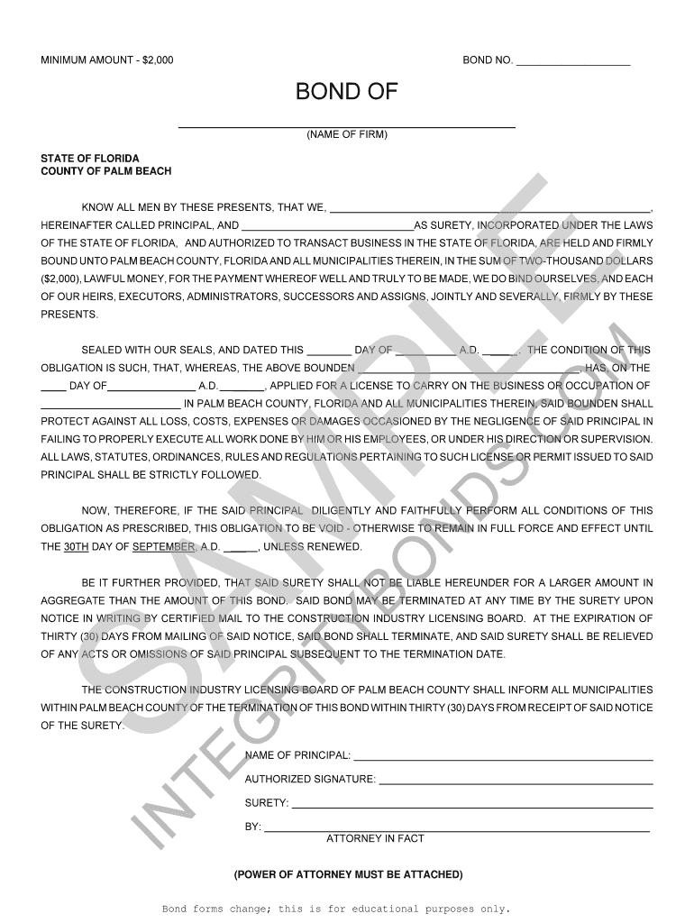 Fillable Online Florida West Palm Beach Contractor License Bond Form ...