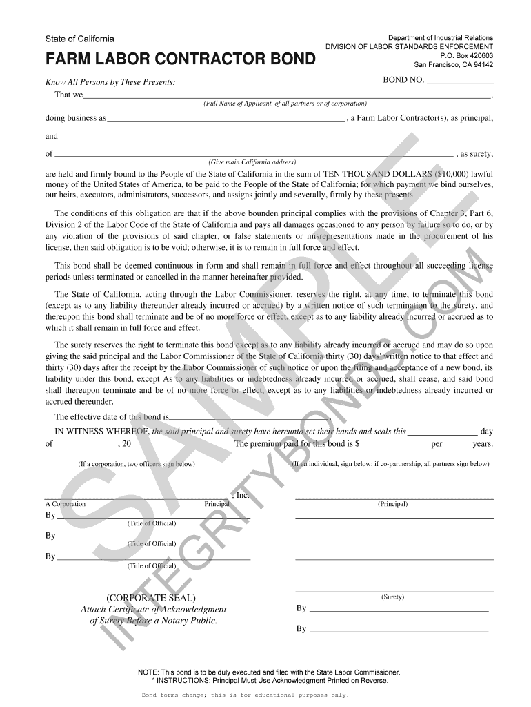Fillable Online California Farm Labor Contractor Bond Form - Surety ...