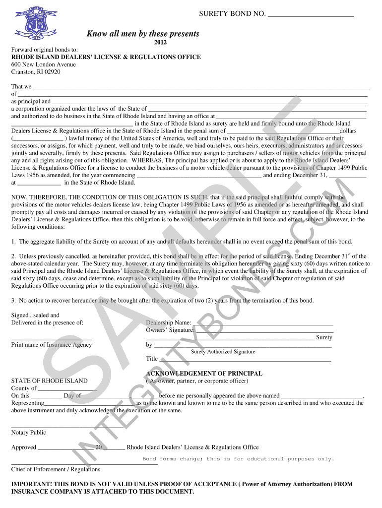 Fillable Online Rhode Island MVD Bond Form - Surety Bond Fax Email ...