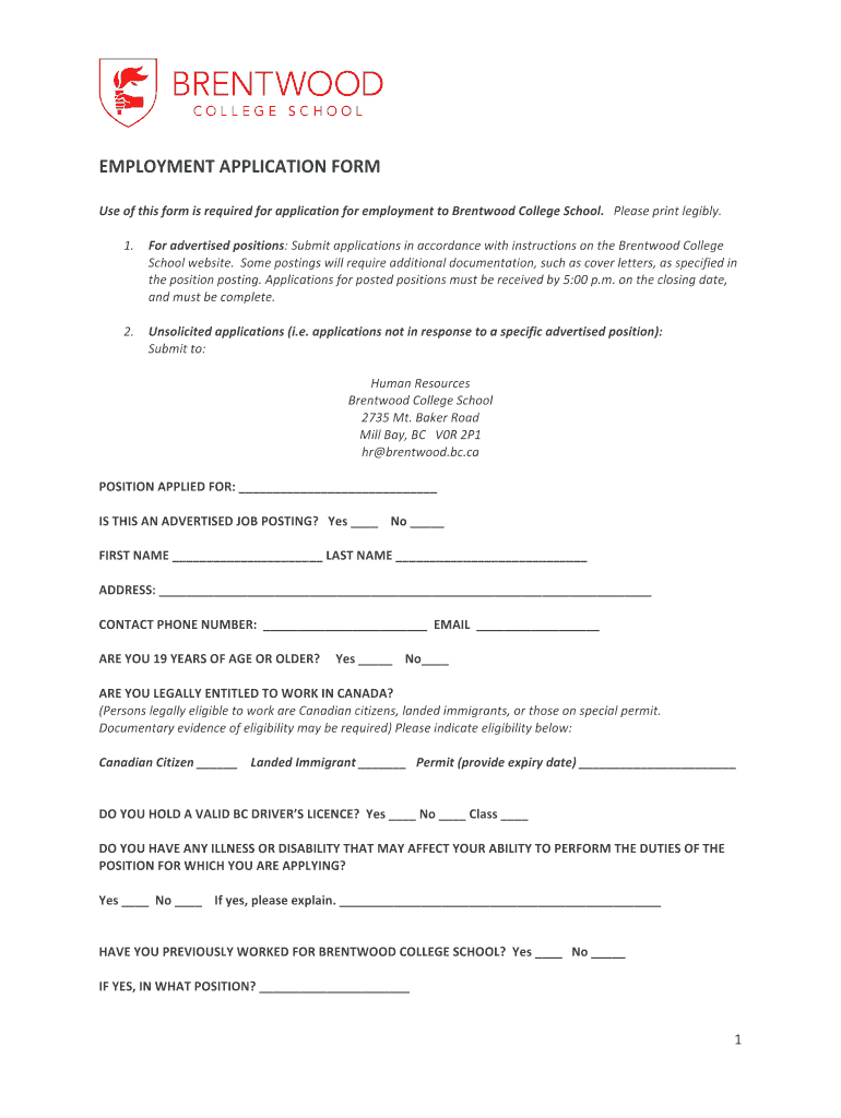 Fillable Online BCS Employee Application Form - Brentwood College ...