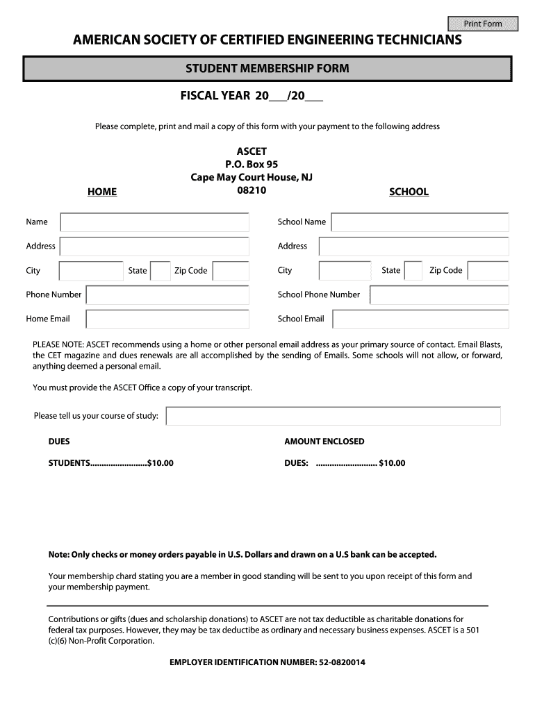 Fillable Online Student Member Application - American Society of ...