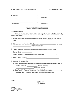 Fillable Online pacourts ?Form 8 Final Praecipe to Transmit Record Fax ...