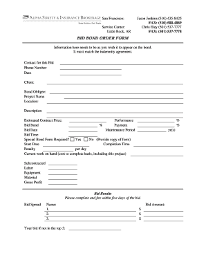 Fillable Online BID BOND ORDER FORM - Alpha Surety Bonds Fax Email ...