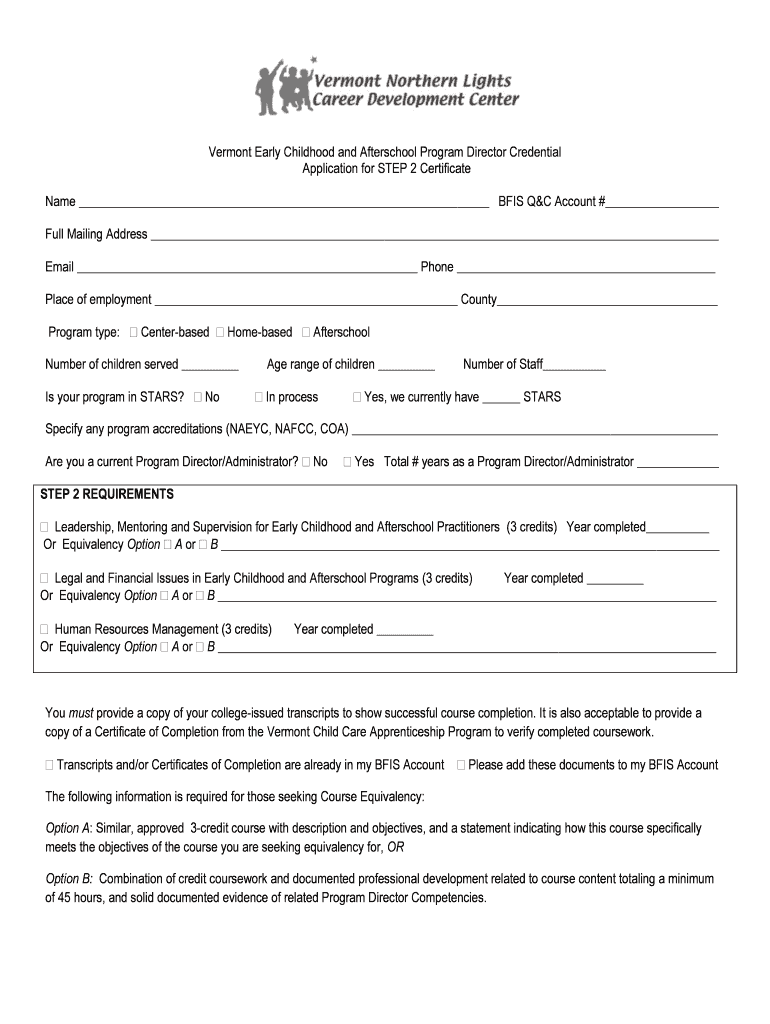 Fillable Online northernlightscdc Vermont Early Childhood and Afterschool Program Director ...