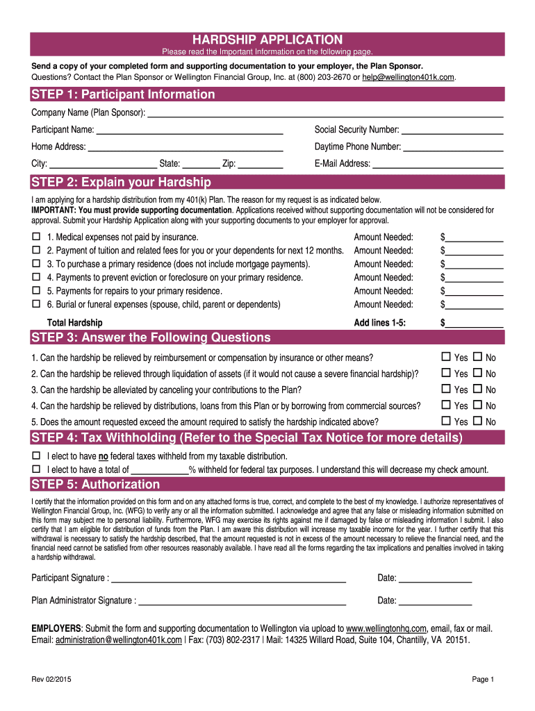 Fillable Online Hardship request form - Wellington401k.com Fax Email ...