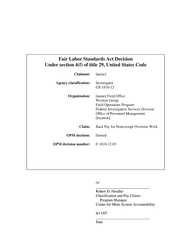 Fillable Online opm Fair Labor Standards Act Decision Under section 4(f ...