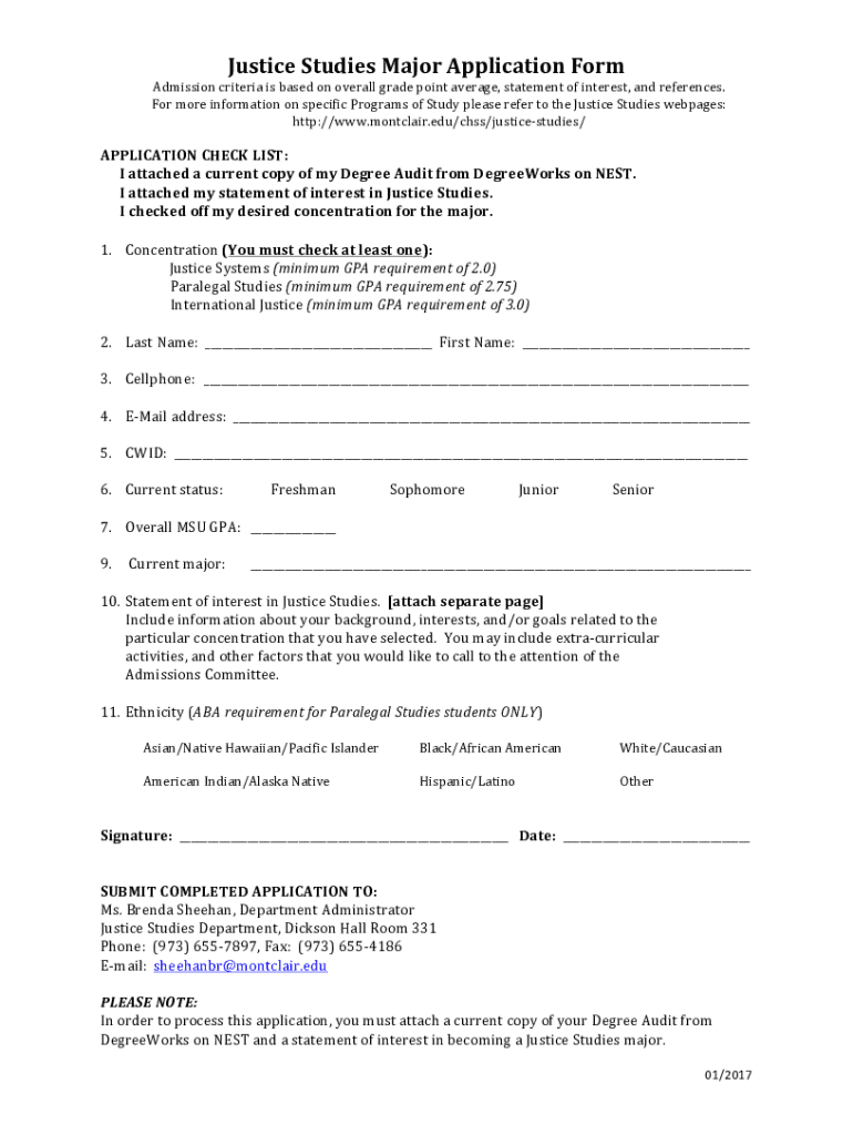 Fillable Online Justice Studies Major Application Form Fax Email Print - pdfFiller