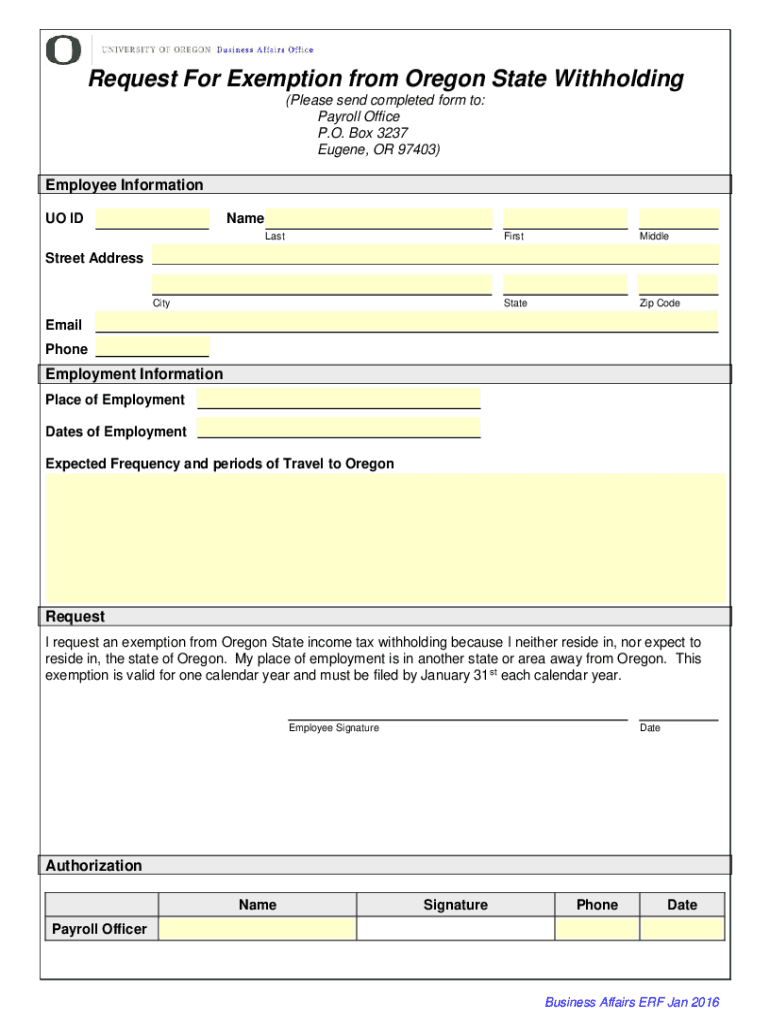 Fillable Online pages uoregon Request For Exemption from Oregon State ...