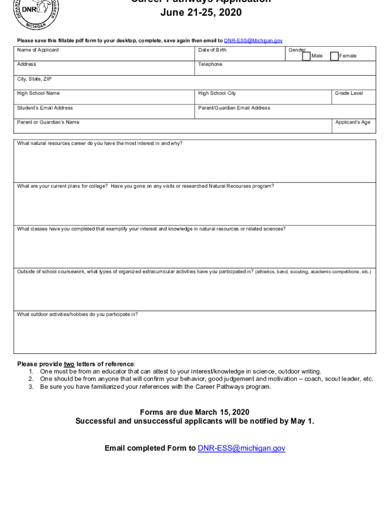 Fillable Online Career Pathways Application June 21-25, 2020 - State of ...