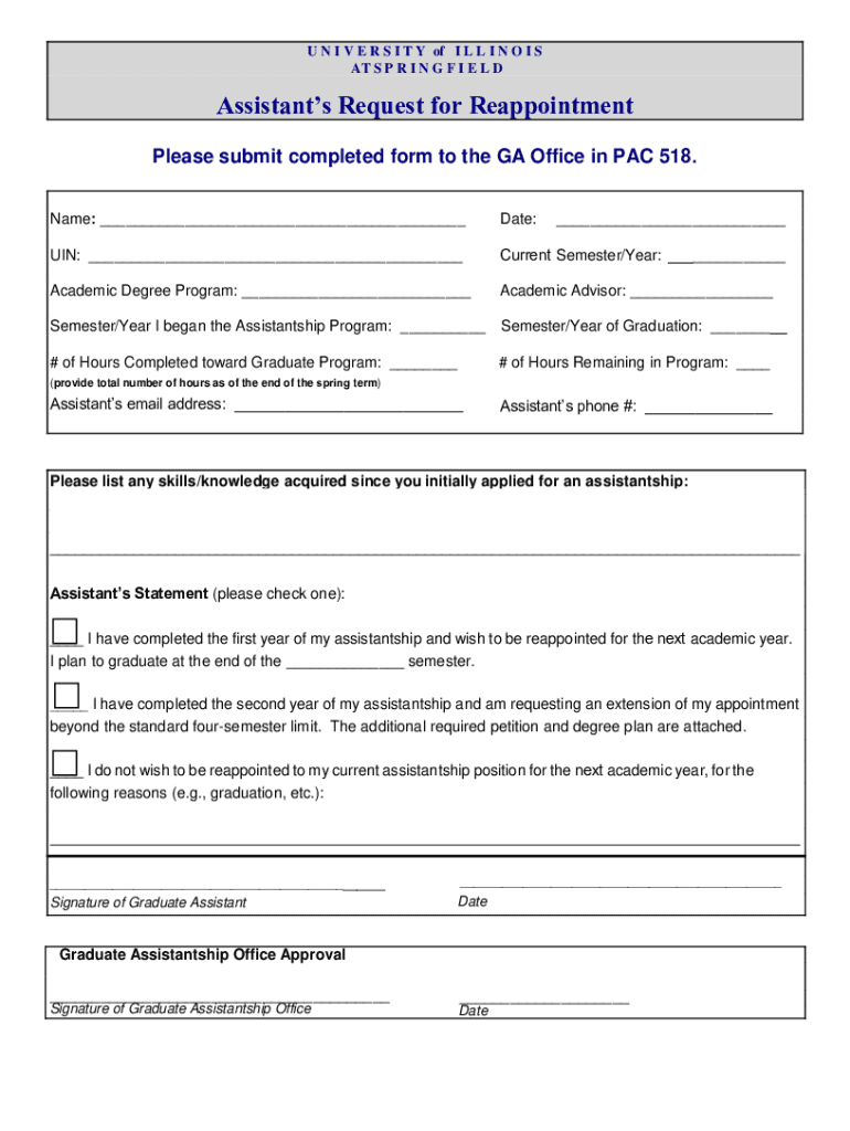 Fillable Online Assistant's Request for Reappointment - University of ...
