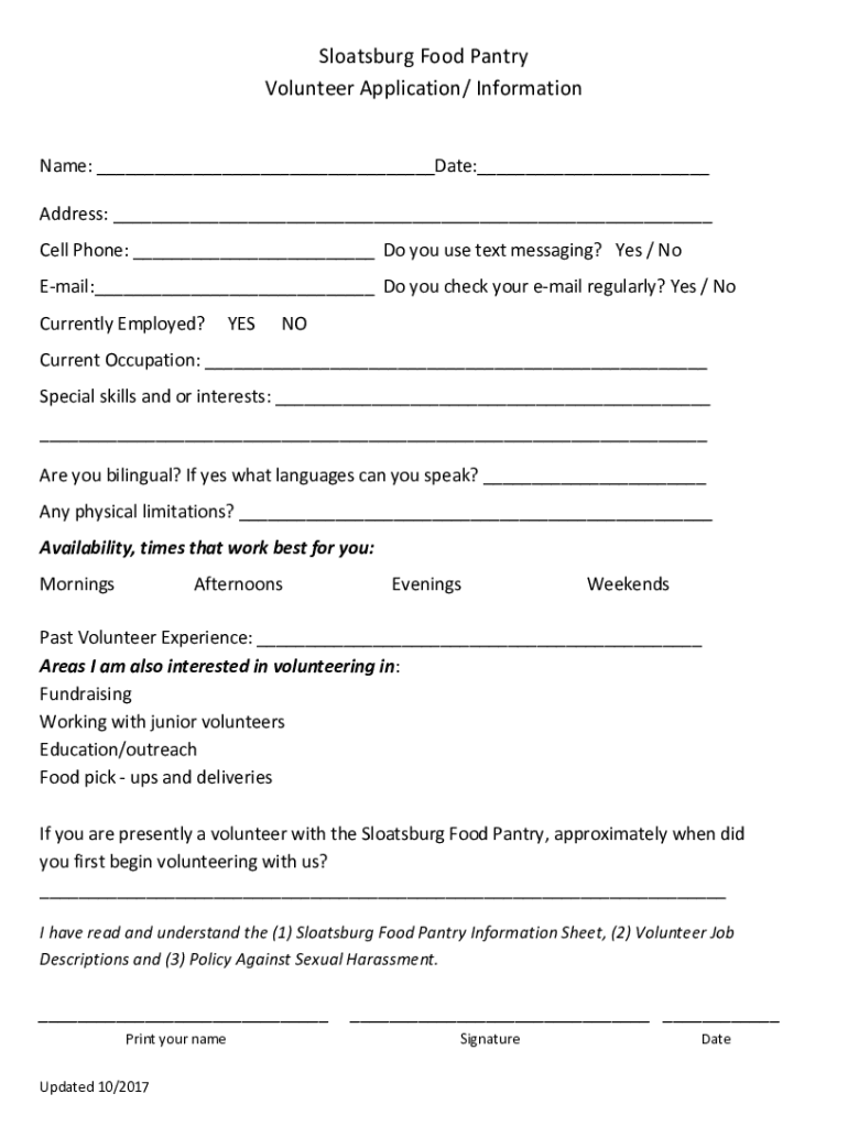 Fillable Online Sloatsburg Food Pantry Volunteer Application ...