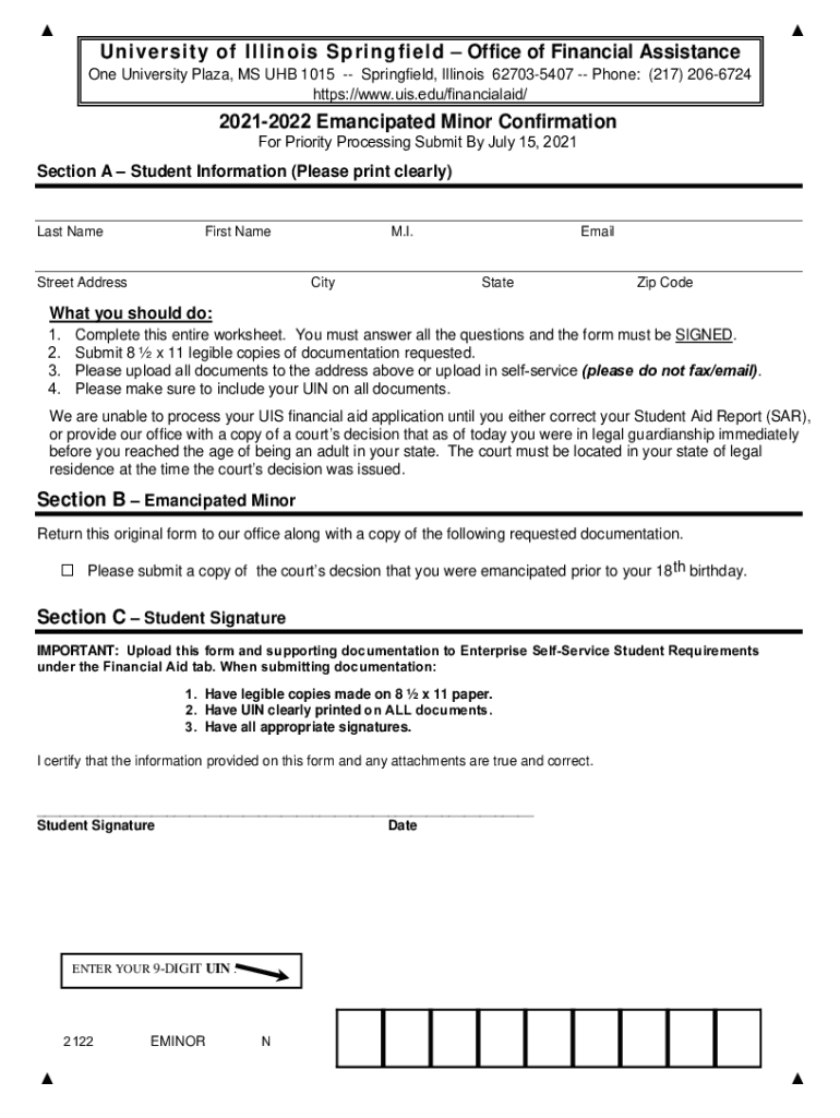 Fillable Online Emancipated Minor Confirmation - University of Illinois ...