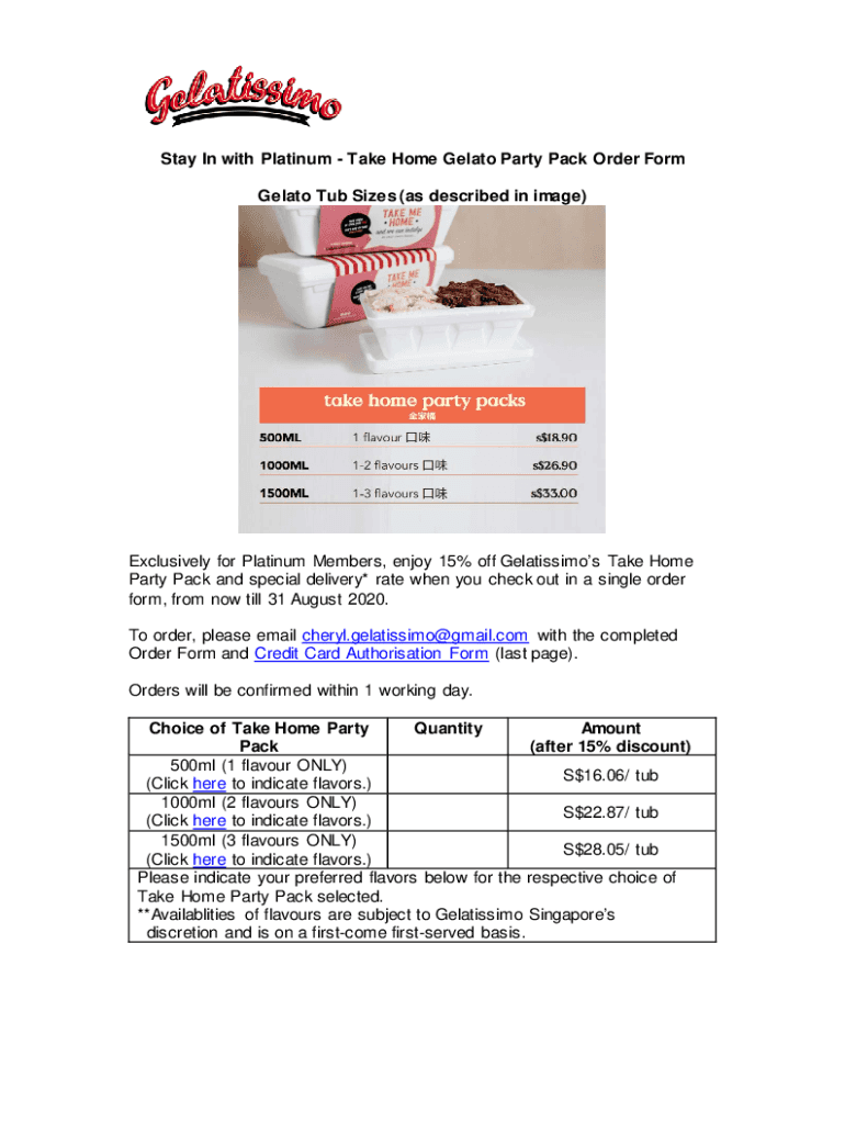 Fillable Online Stay In with Platinum Take Home- Gelato Party PackOrder ...