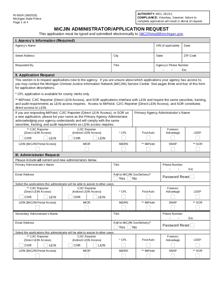 MSP RI-092A MiCJIN Admin App Request - State of Michigan Doc Template ...