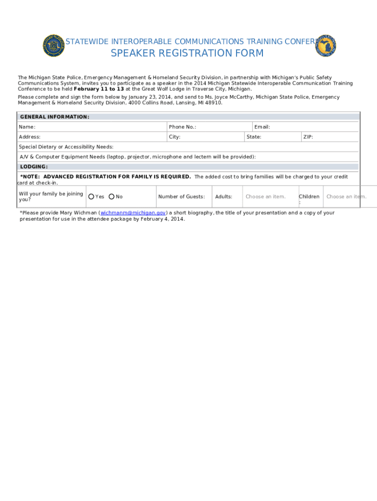Speaker REGISTRATION - State of Michigan Doc Template | pdfFiller