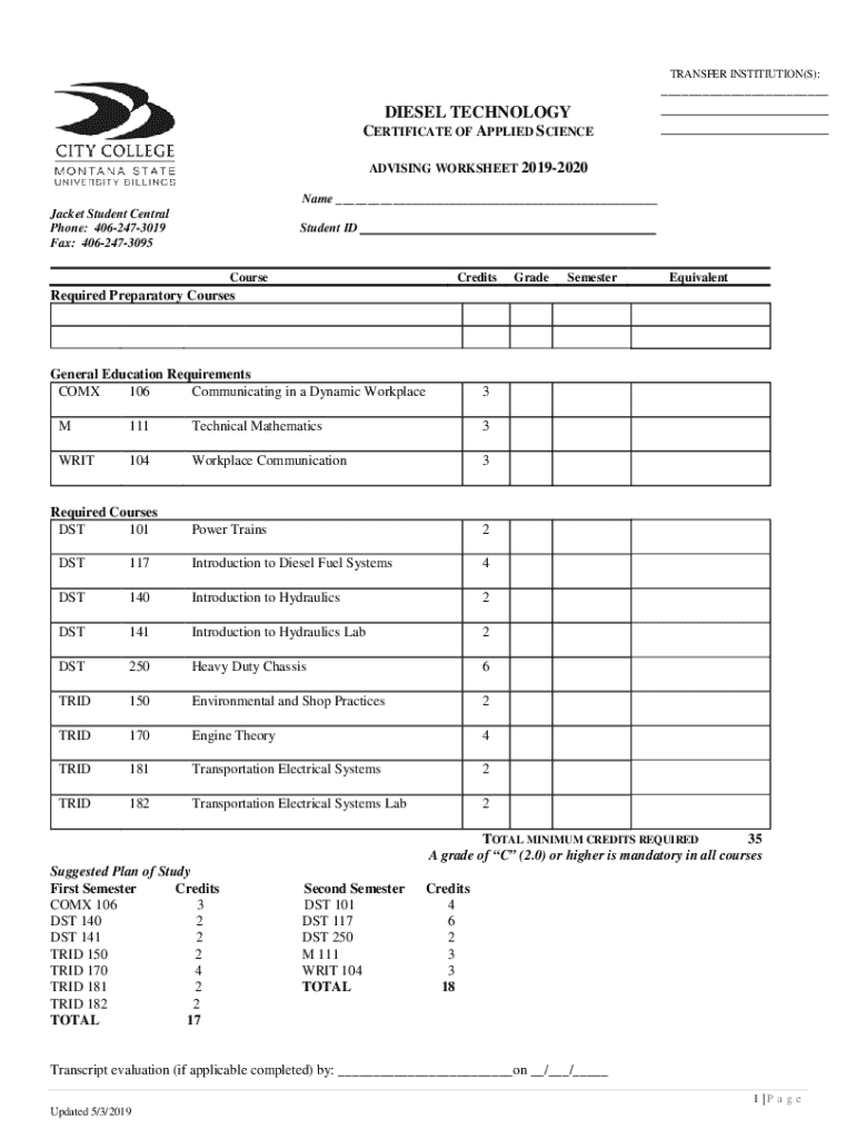Fillable Online ADVISING WORKSHEET 2019-2020 Name Student ID Course ...