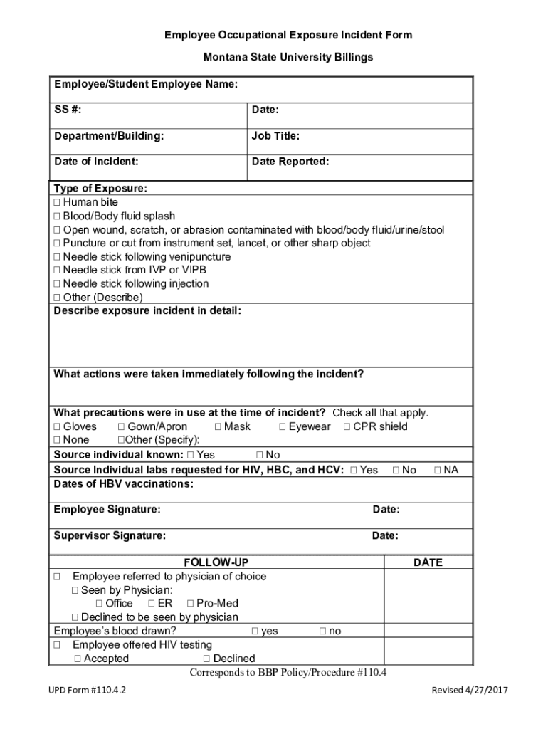 Fillable Online Employee Occupational Exposure Incident Form Montana ...