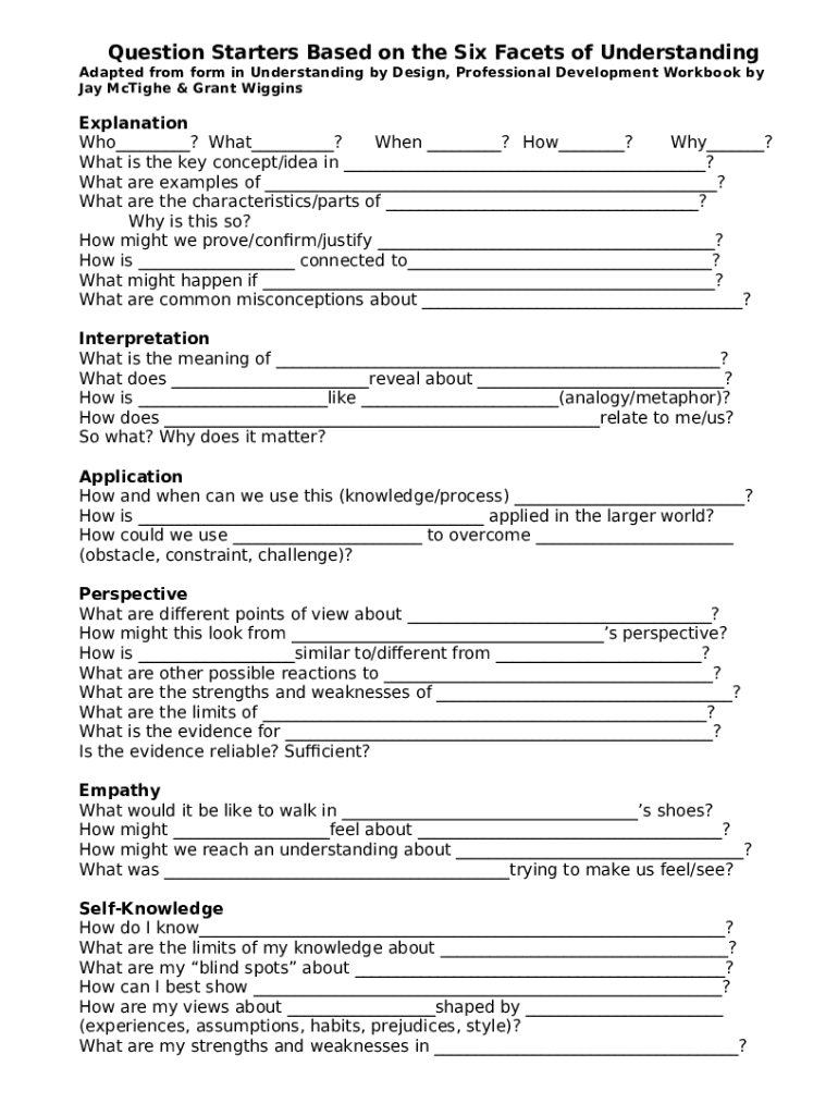 Question Starters Based on the Six Facets of Understanding Doc Template ...