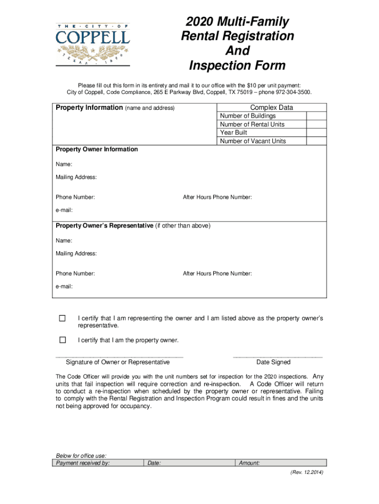 Fillable Online 2020 Multi-Family Rental Registration And Inspection ...
