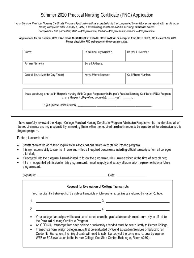 Fillable Online Summer 2020 Practical Nursing Certificate (PNC ...