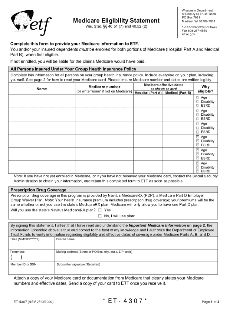 Medicare Eligibility Statement - Wisconsin Department of: Fill out ...