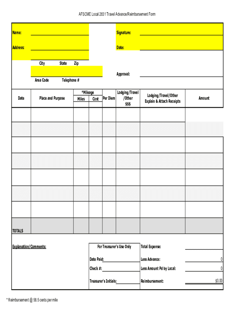 Fillable Online AFSCME Local 2831 Travel Advance/Reimbursement Form Fax ...
