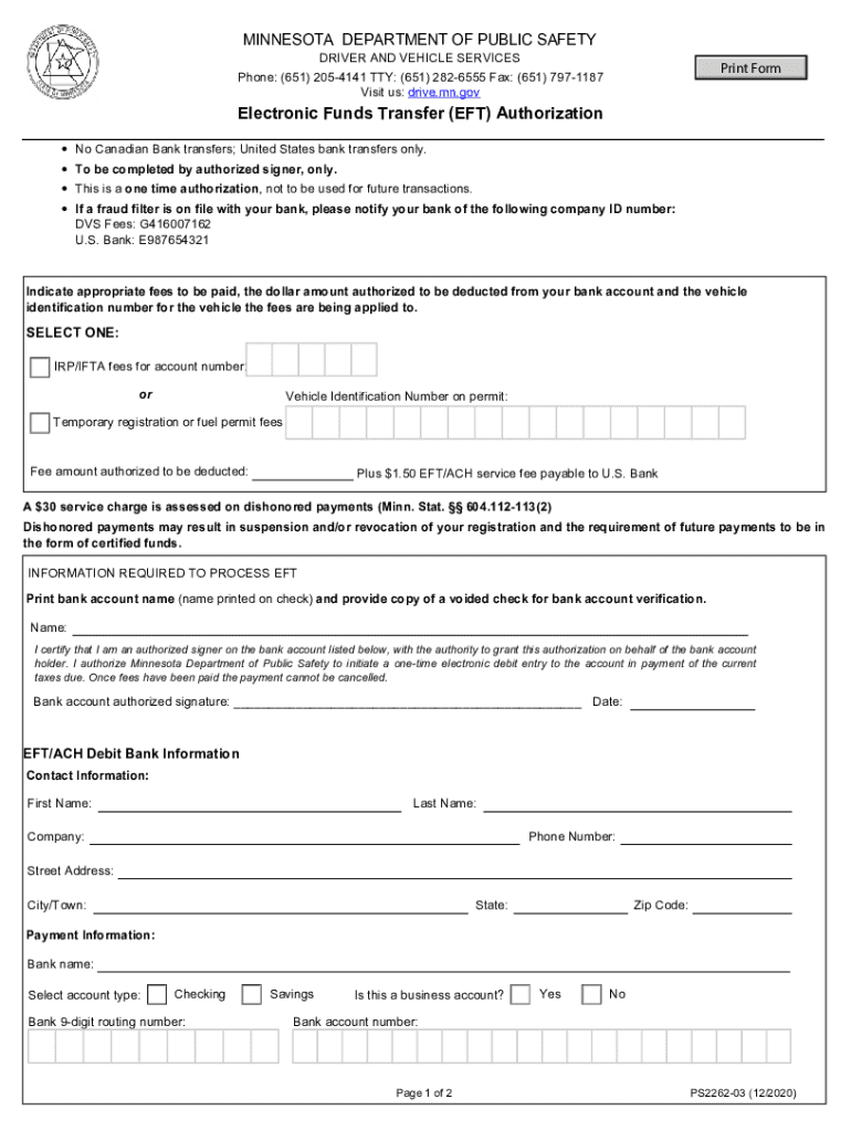 Fillable Online dps mn EFT Authorization - Minnesota Department of ...
