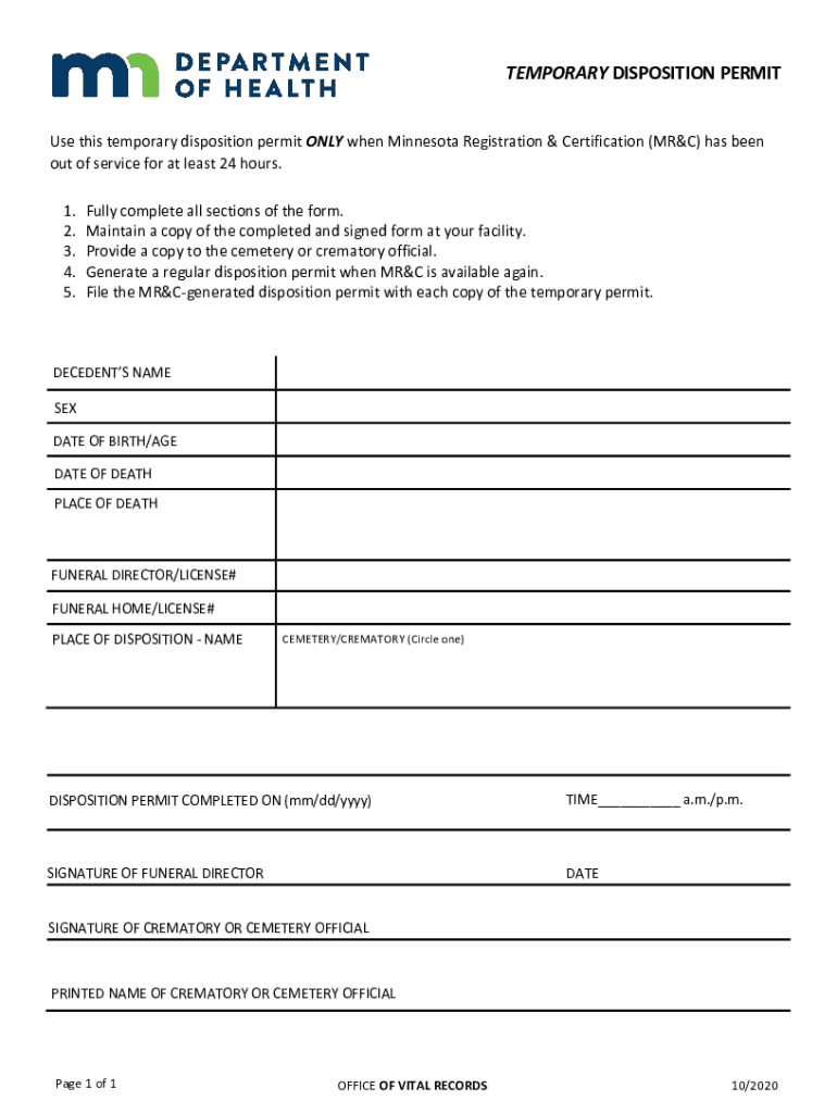 Fillable Online health mn Emergency temporary disposition form ...