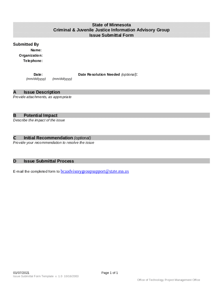 Advisory Group Issue Submittal - dps mn Doc Template | pdfFiller