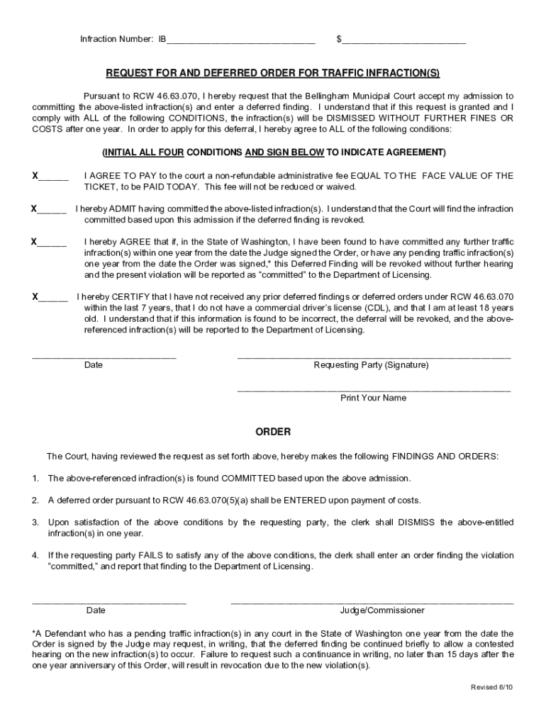 Fillable Online Request for and Deferred Order for Traffic Infraction ...
