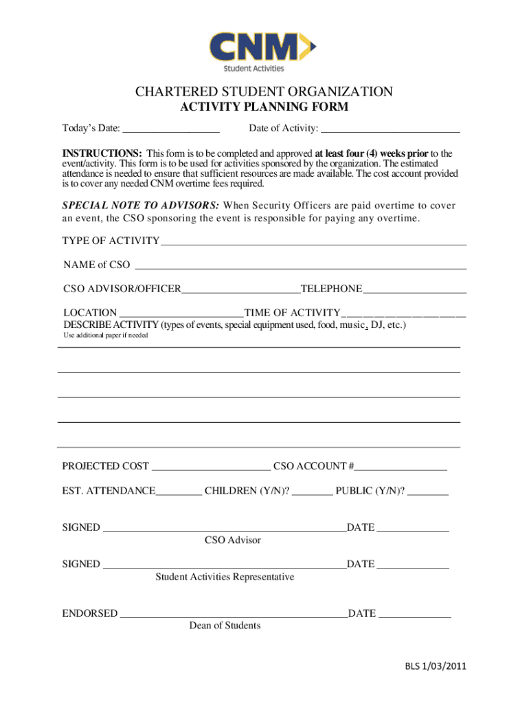 Fillable Online CHARTERED STUDENT ORGANIZATION ACTIVITY PLANNING FORM ...