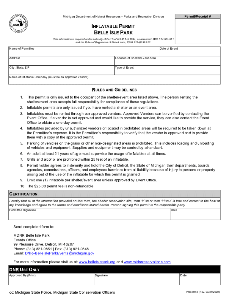 Fillable Online Inflatable permit for Belle Isle Park. Inflatable ...