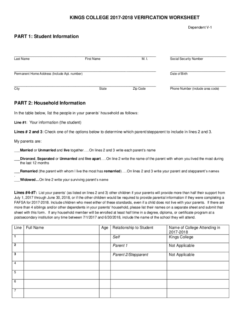 Fillable Online KINGS COLLEGE 2017-2018 VERIFICATION WORKSHEET Fax ...