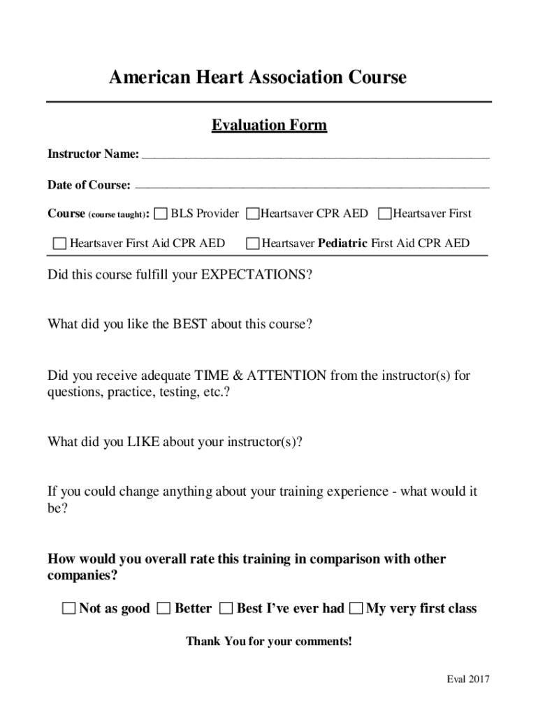 Fillable Online Heartsaver First Aid CPR AED Course OptionsAmerican ...