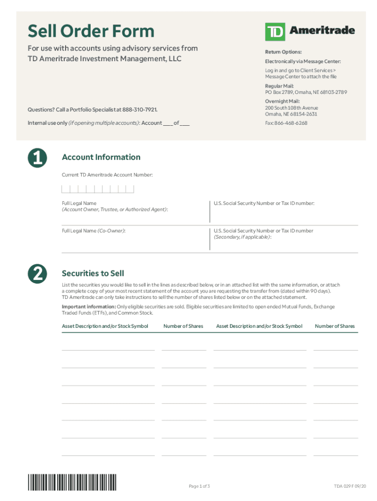 Fillable Online TDAIM Sell Order Form-TDA 0920 Fax Email Print - pdfFiller