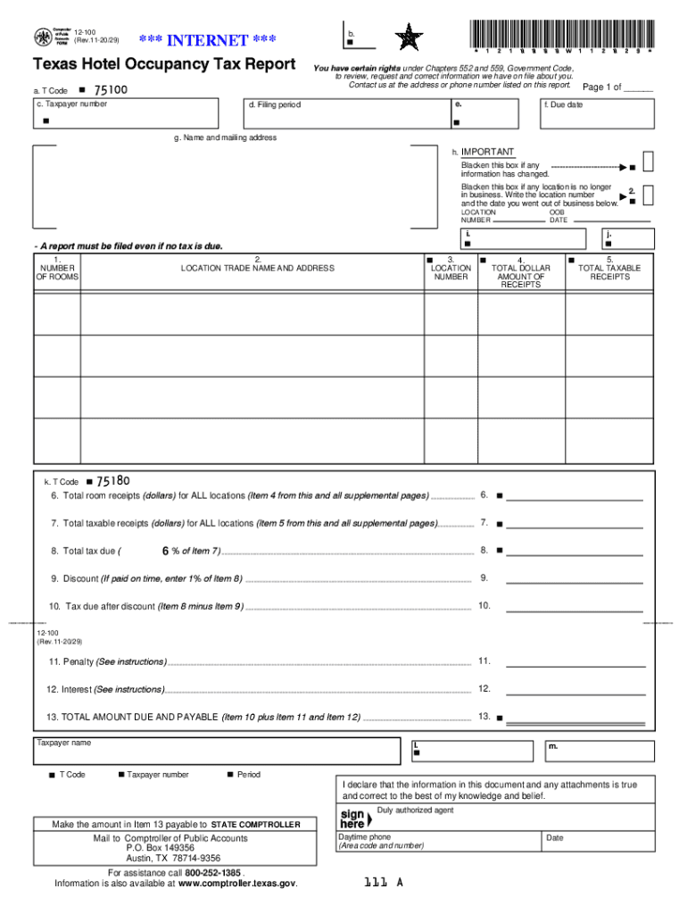 Fillable Online Hotel Occupancy Tax Report. 12-100 Hotel Occupancy Tax ...