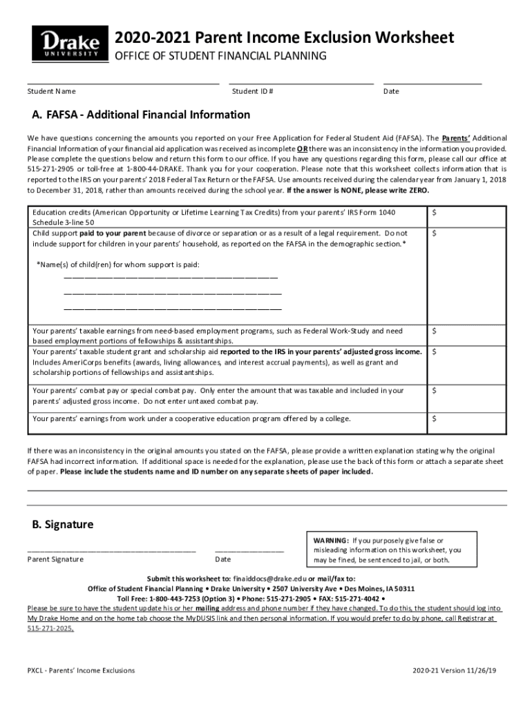 Fillable Online 2020-2021 Parent Income Exclusion Worksheet - Drake ... Fax Email Print - pdfFiller