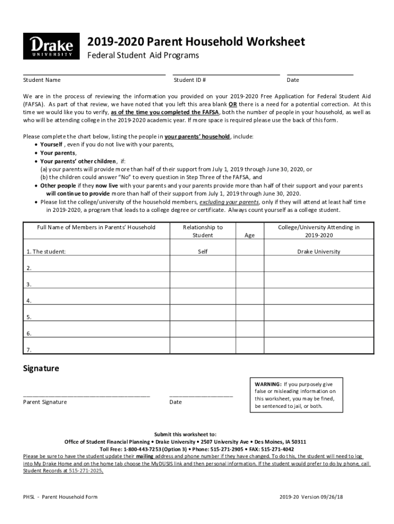 Fillable Online 2019-2020 Parent Household Worksheet - Drake University ...