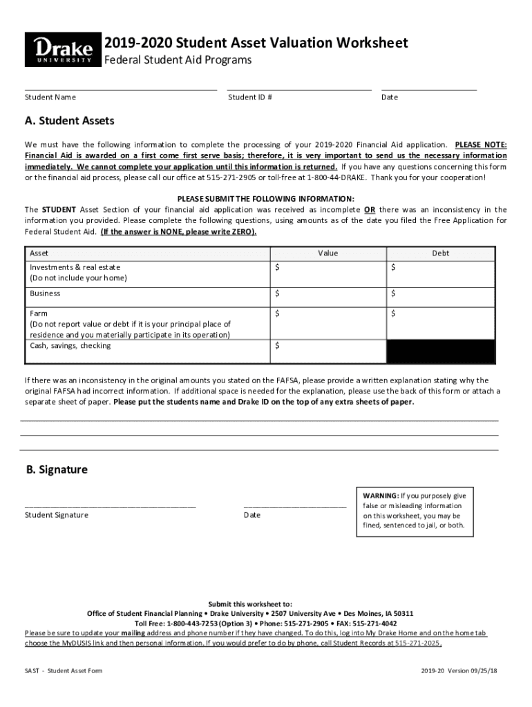 Fillable Online 2019-2020 Student Asset Valuation Worksheet - Drake ...