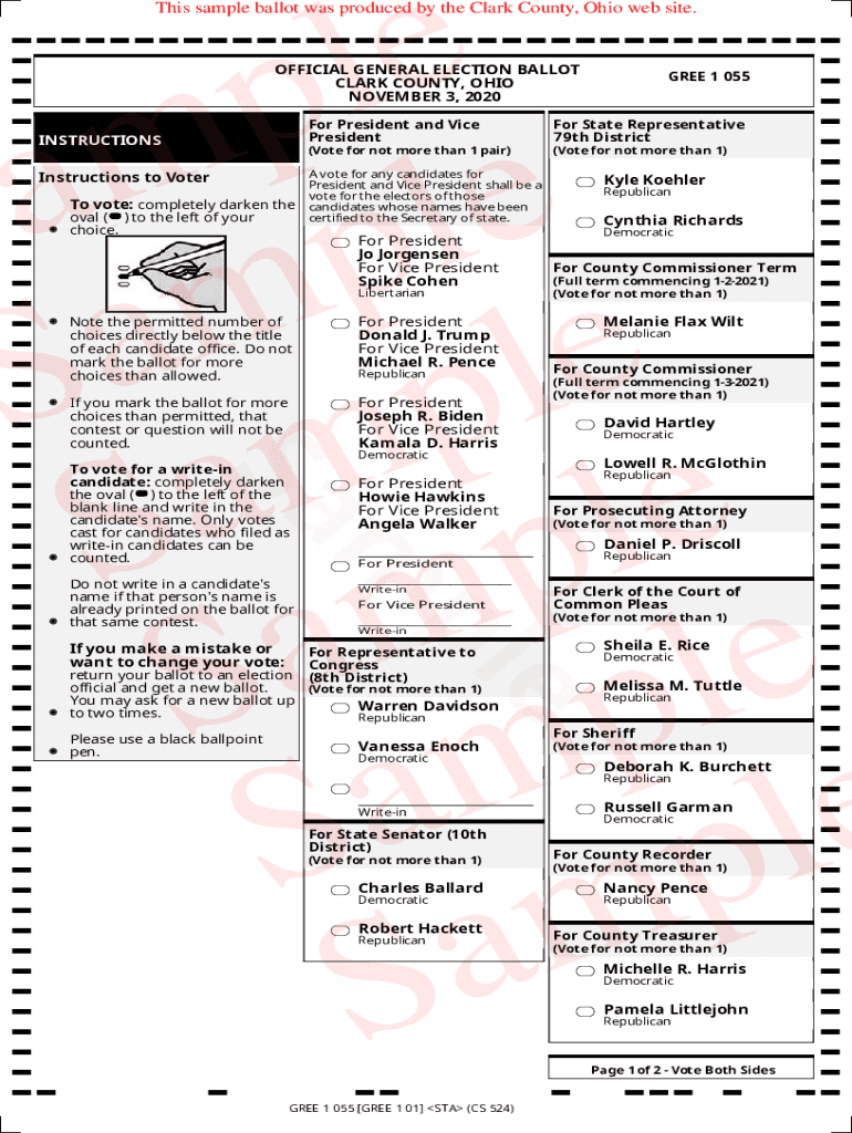 Fillable Online Clark County, Ohio, GREE 1 X Sample Ballot. GREE 1 X ...