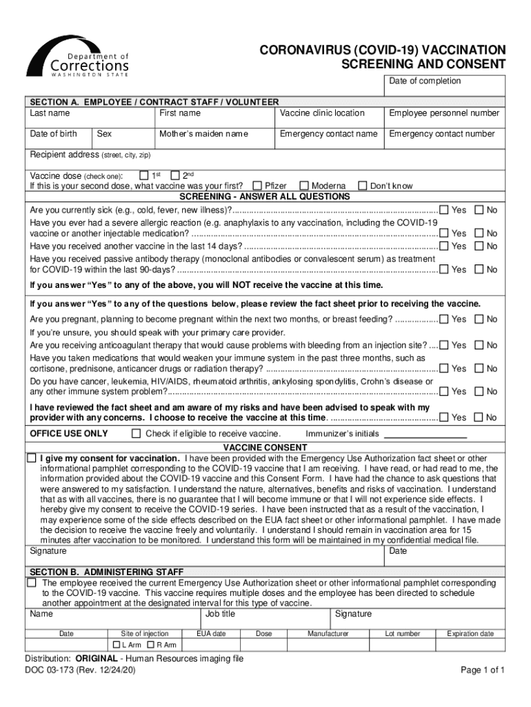 Fillable Online coronavirus (covid-19) vaccination screening and ...
