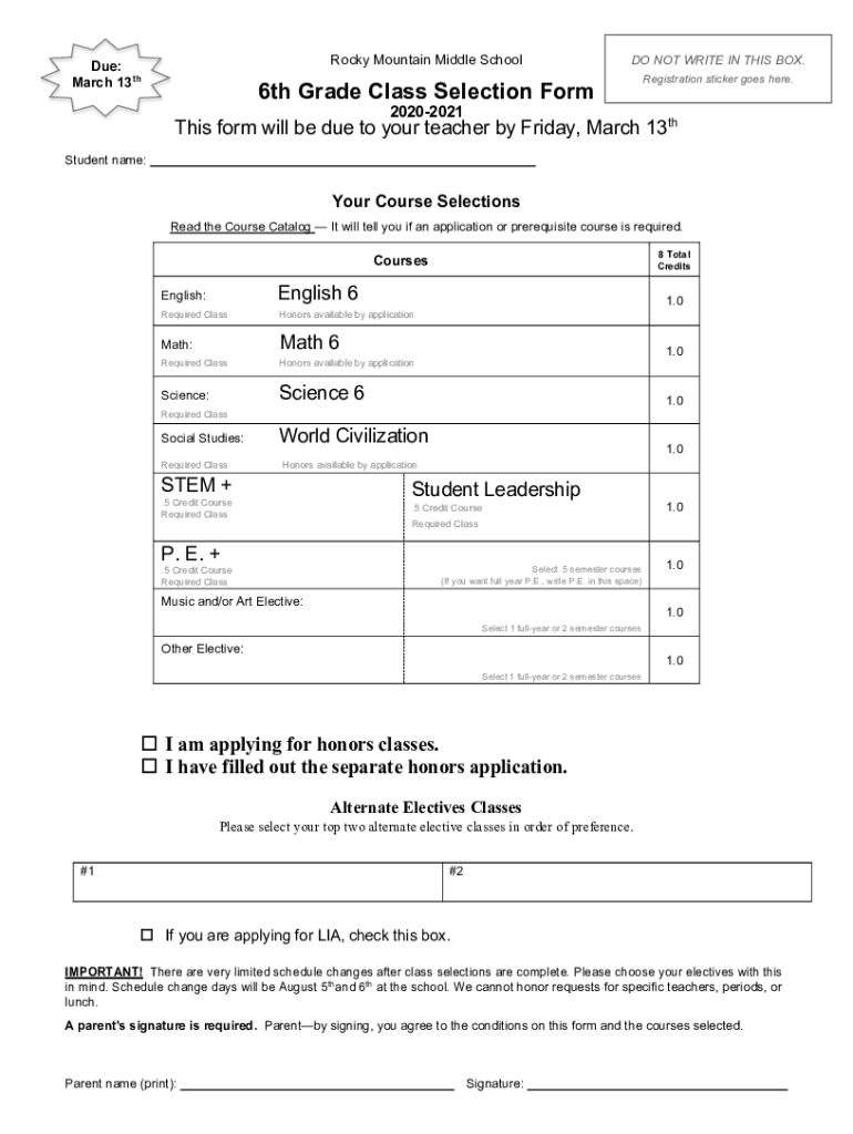 Fillable Online th 6th Grade Class Selection Form 2020-2021 This form ...