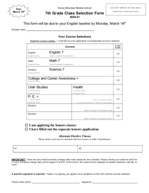 Fillable Online 7th Grade Class Selection Form Fax Email Print - pdfFiller