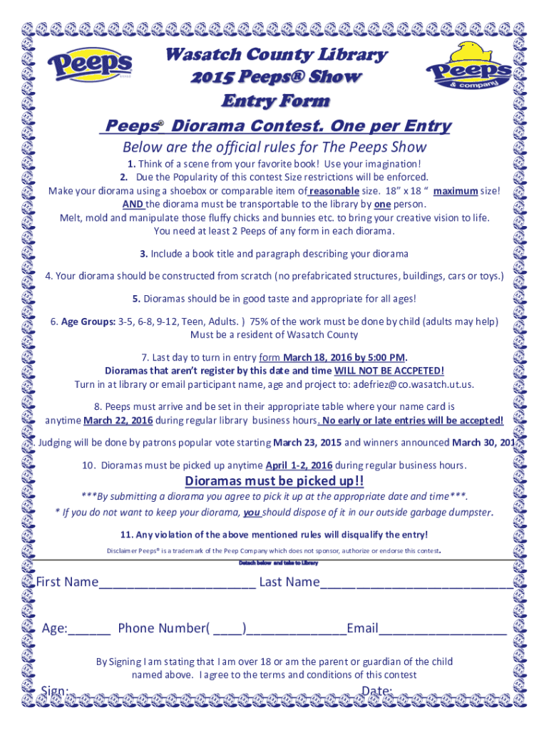 Fillable Online Wasatch County Library 2015 Peeps Show Entry Form Fax ...