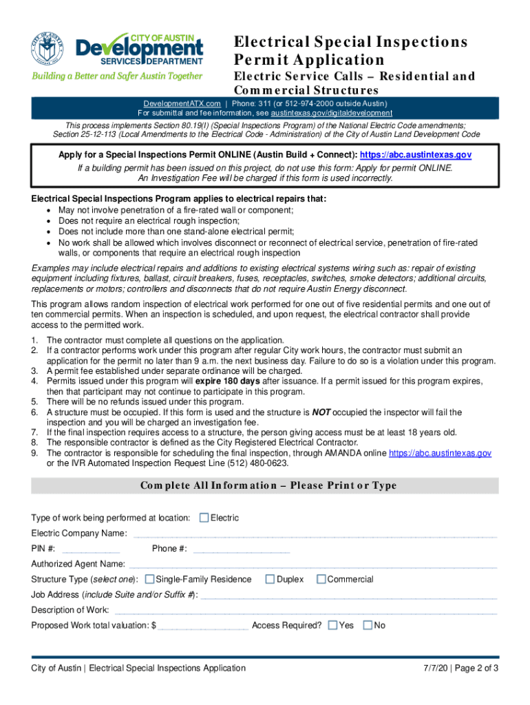 Fillable Online Electrical Special Inspections Permit Application. Application for Electrical ...