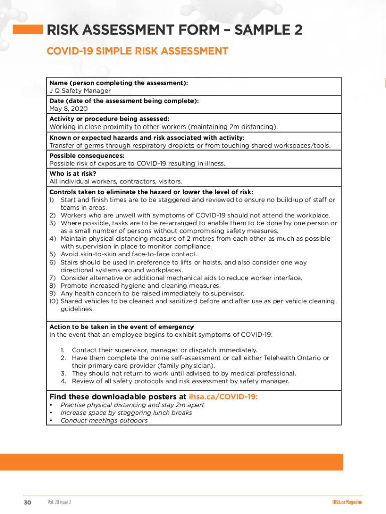 Fillable Online risk assessment form sample 2 - IHSA.ca Fax Email Print ...