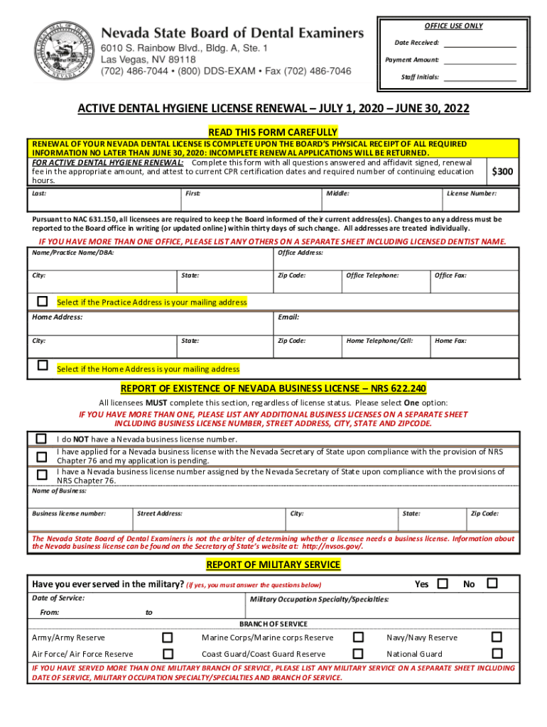 Fillable Online ACTIVE DENTAL HYGIENE LICENSE RENEWAL JULY 1, 2020 ...