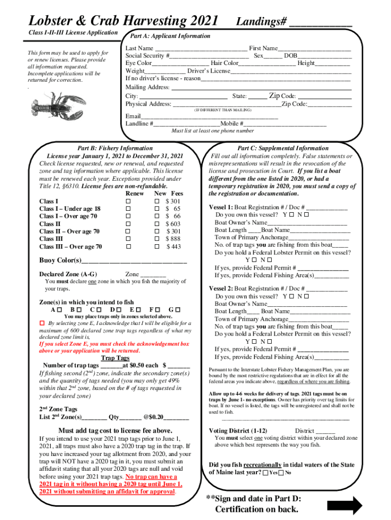 Fillable Online 2021 Lobster & Crab Harvesting Class I,II, or III ...
