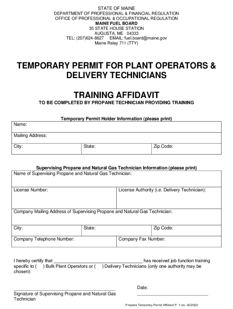Fillable Online Propane Temporary Permit Affidavit - Maine.gov Fax ...